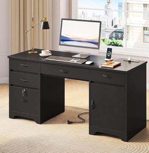 Bestier 59'' Modern Executive Desk with 5 Drawers and Storage Cabinets ...