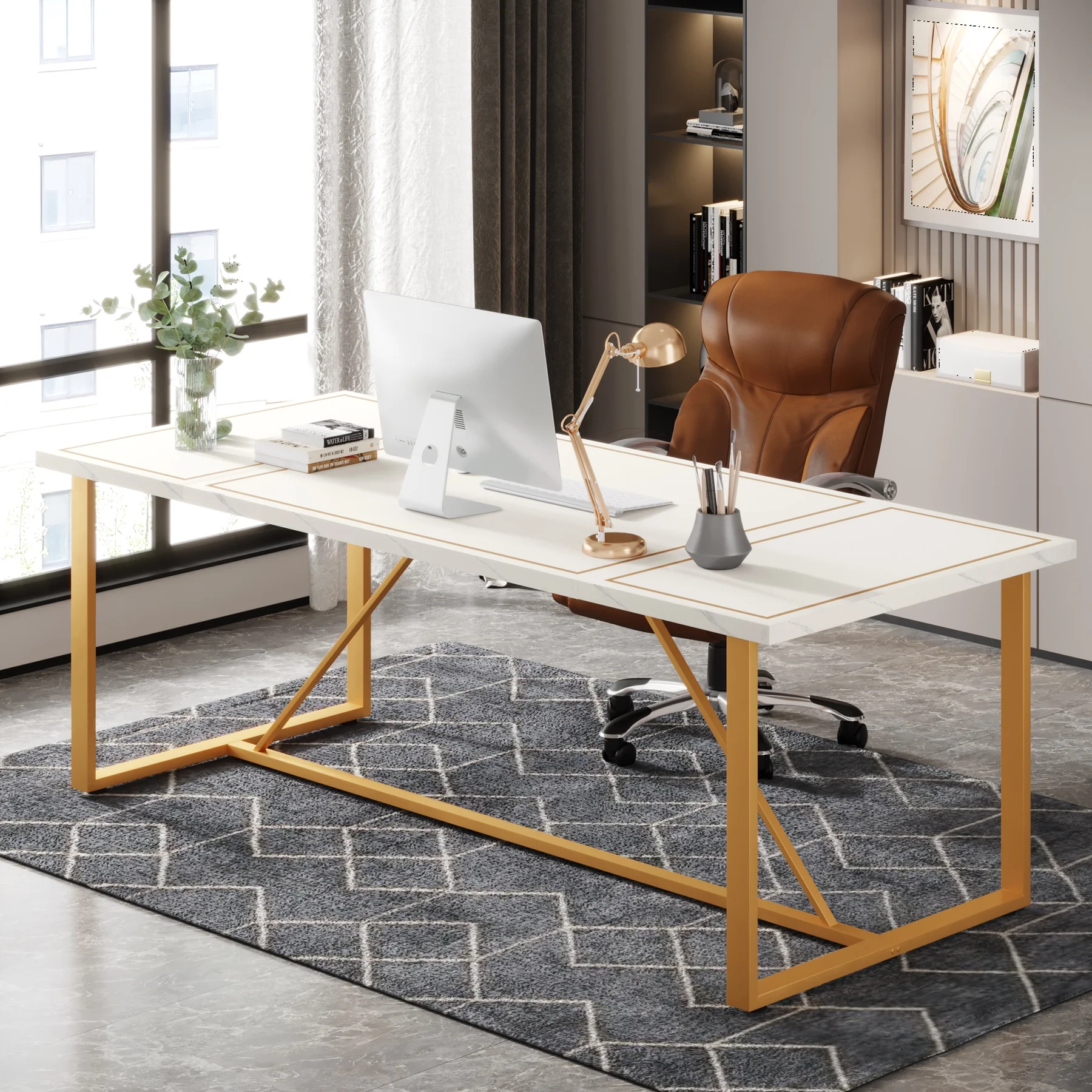 Tribesigns 6FT Conference Table, Wood with Gold Metal Base | COS Ltd.