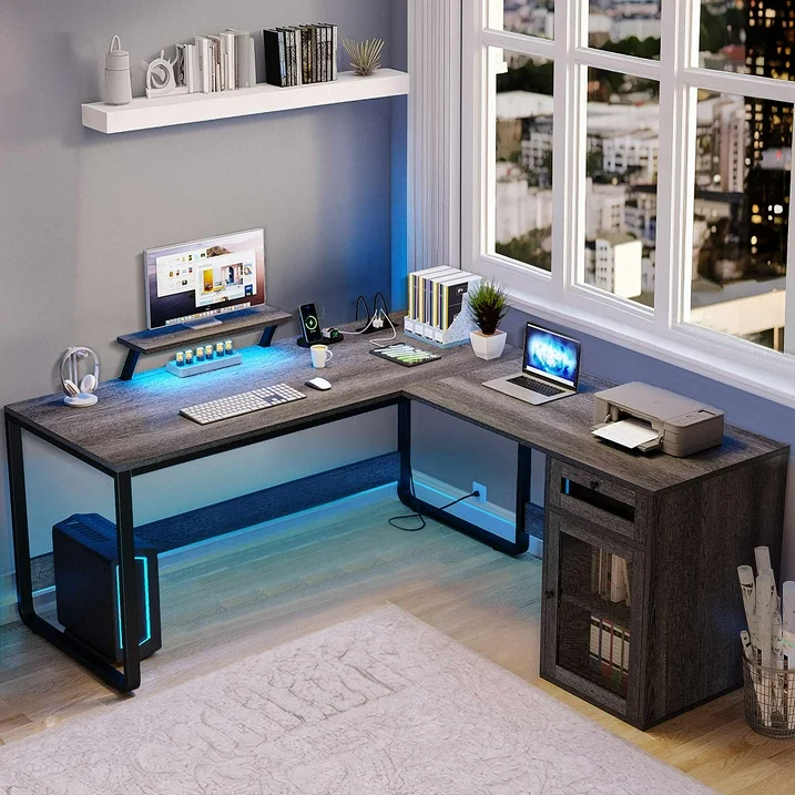 Dextrus L Shaped Desk with Power Outlets & Drawer, Reversible Computer ...