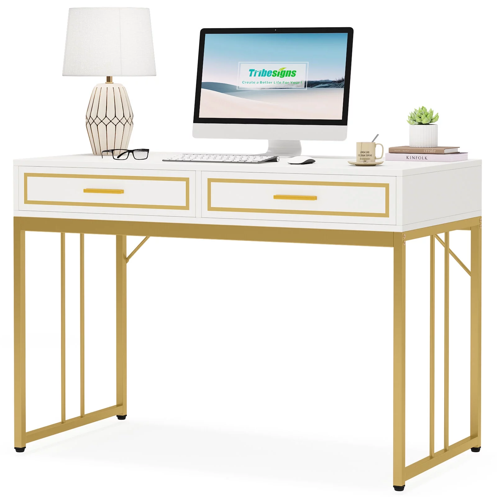 Tribesigns 47" Computer Desk with 2 Drawers, Simple Modern white and ...