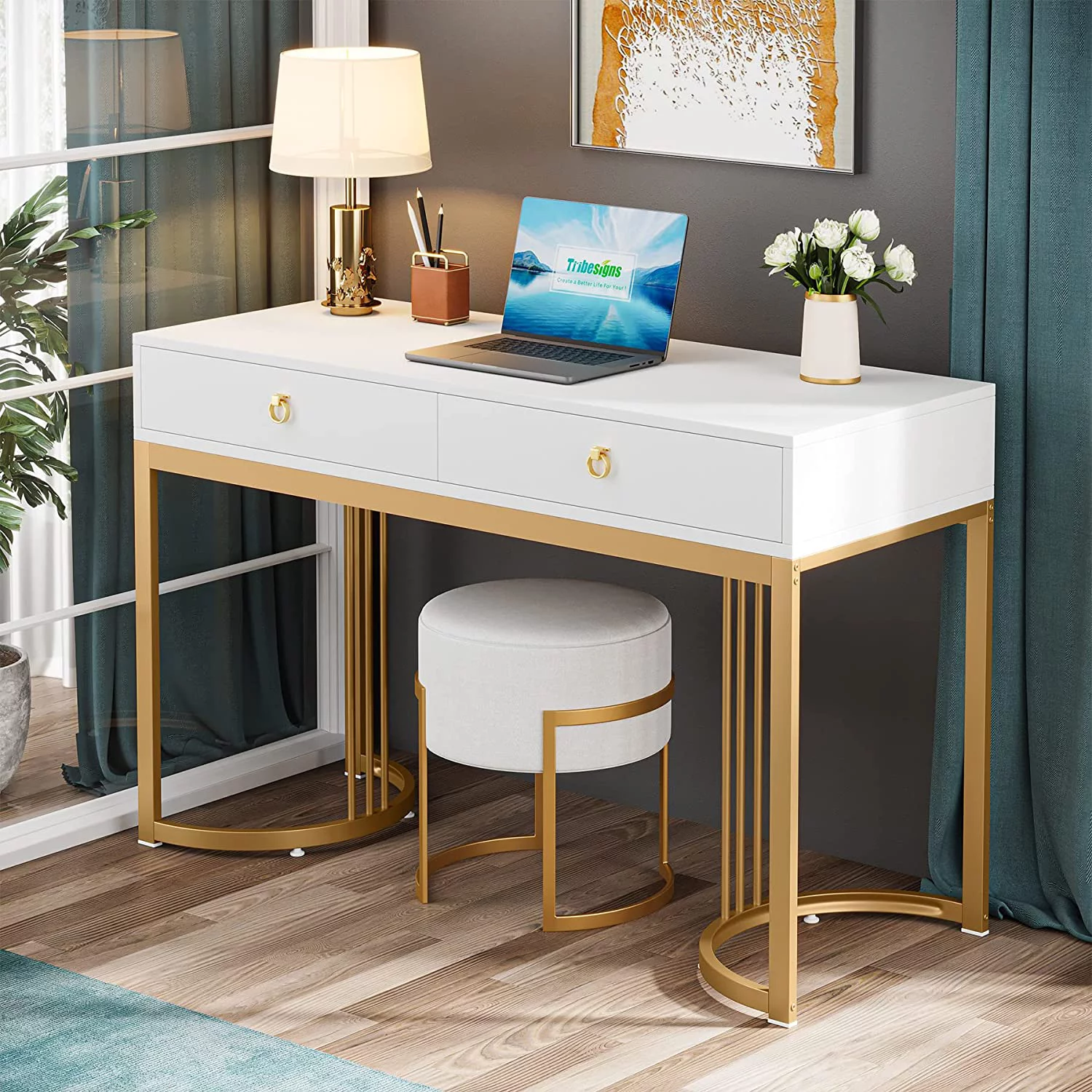 Tribesigns 47" Computer Desk with 2 Drawers, Simple Modern white and ...