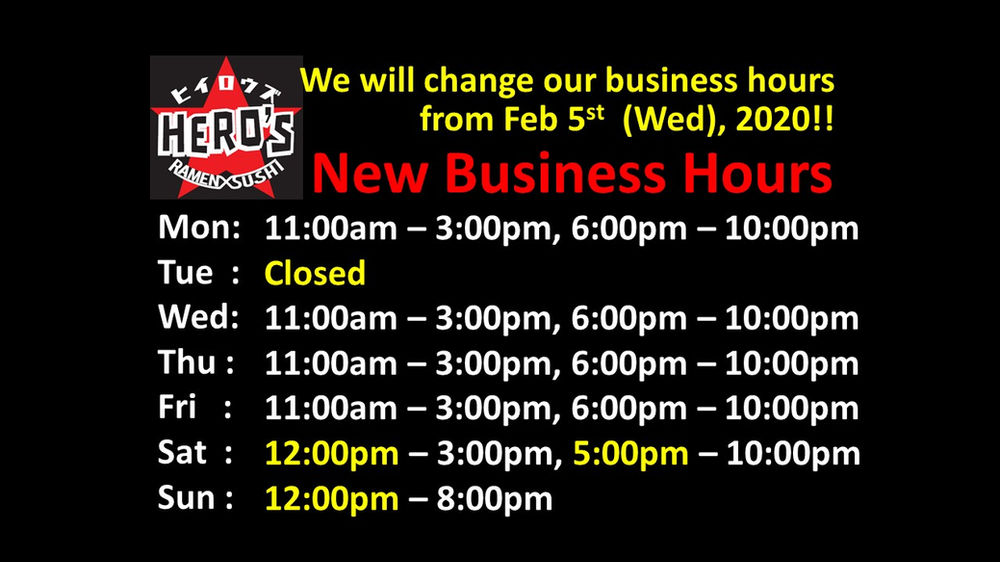 New Business Hours starting Feb 5th, 2020