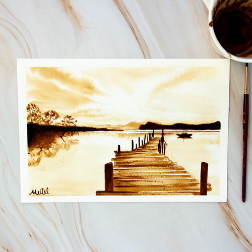 Original Pier at sunset coffee art, beach house decor, sea coffee ...