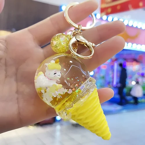 Yellow Liquid Keychains Cute Unicorn Ice Cream Cone Boba Baby Kawaii ...