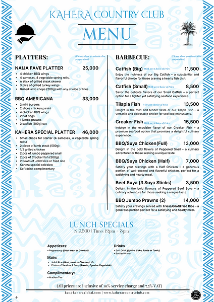 KCC MENU | Kahera Country Club