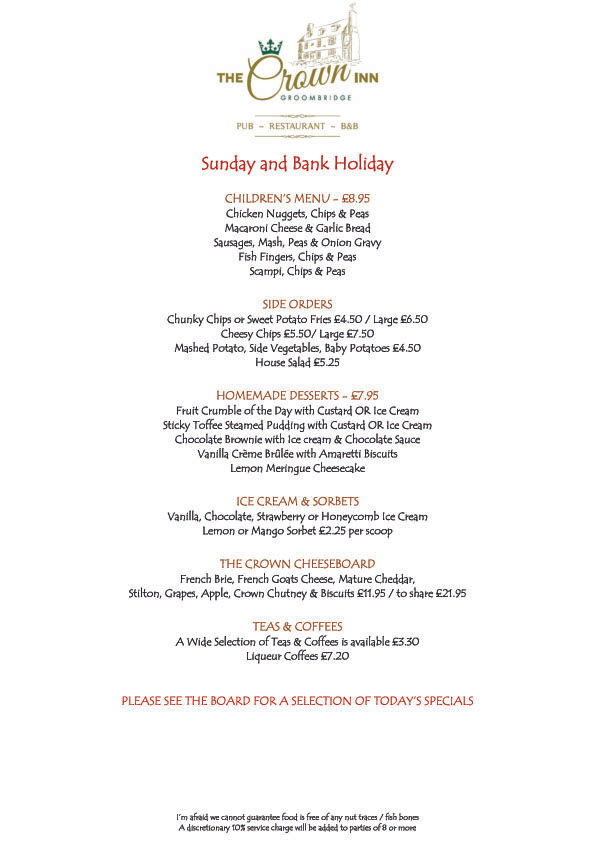 Menu | The Crown Inn, Groombridge, Kent