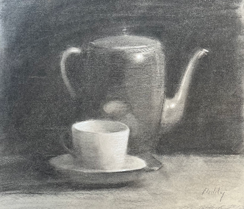 'Study of a Metal Kettle and a White Teacup and Saucer' | Maddy Gyselynck