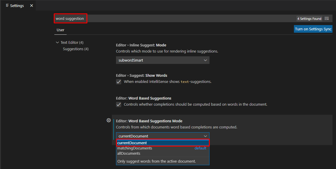 Visual studio code word suggestion