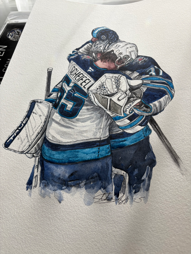 Mark Scheifele & Connor Hellebuyck hug - Print | Mike Nguyen Art