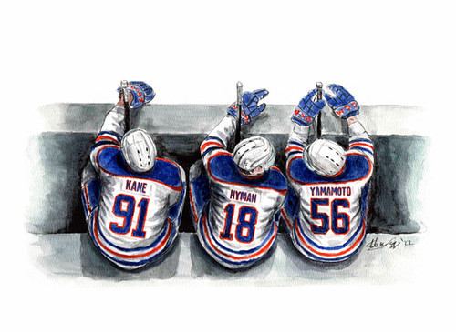 Edmonton Oilers Bench - Kane, Hyman & Yamamoto - Print | Mike Nguyen Art