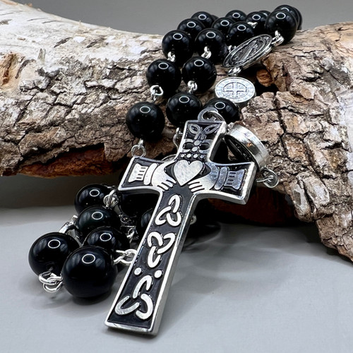 Claddagh, Silver and Obsidian Rosary | Paisley Honey