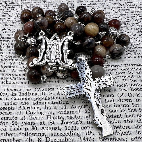 Petrified Wood, Silver and Steel Tree of Life Catholic Rosary | Paisley ...