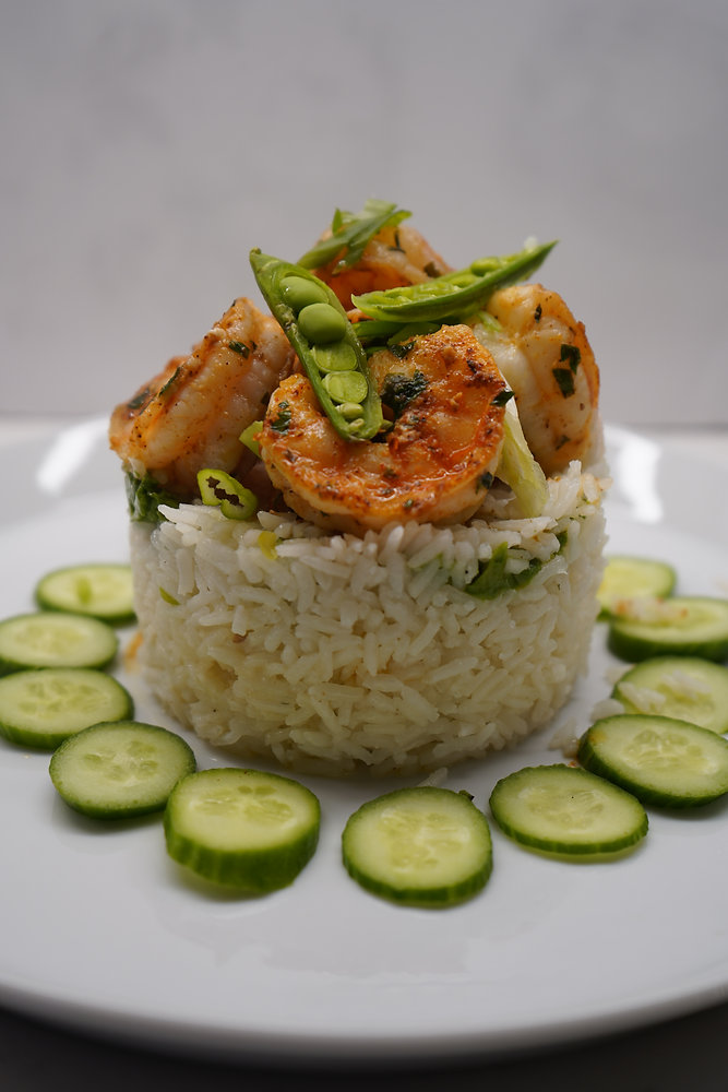 Stacked Garlic-Butter Shrimp & Rice