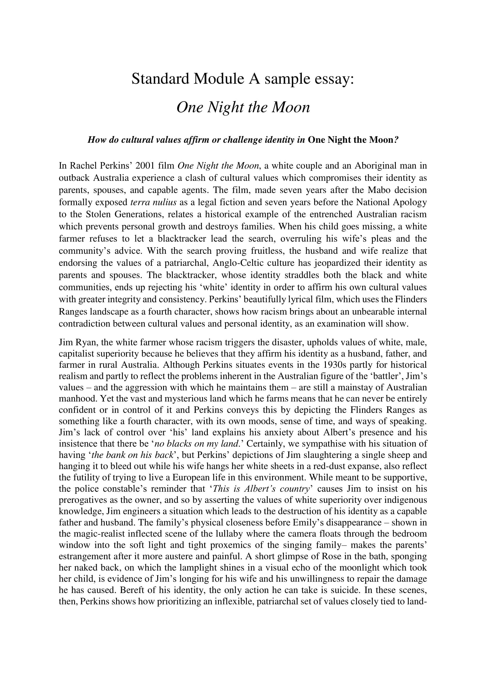 HSC Standard Module A Essay and Essay Analysis: One Night the Moon ...