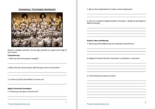 Poetry Study Worksheet - Oodgeroo, 'Entombed Warriors' | Diving Bell ...