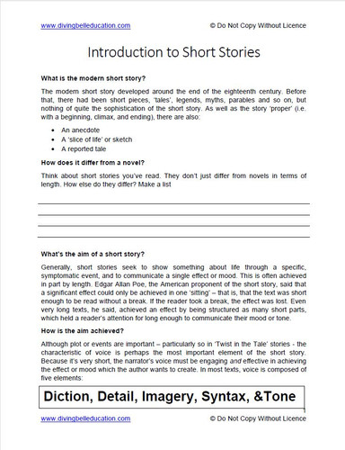 Introduction to Short Stories handout | Diving Bell Educatio