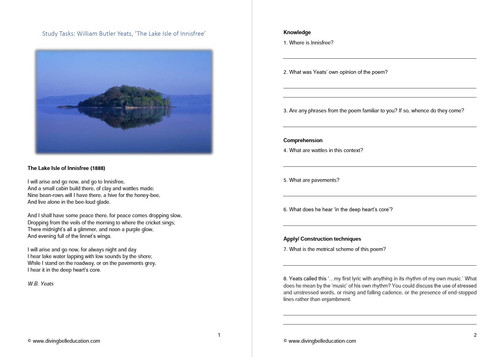 Poetry Study Worksheet: W.B. Yeats, 'The Lake Isle of Innisfree ...