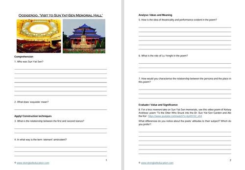Poetry Study Worksheet - Oodgeroo, 'Visit to the Sun Yat Sen Memorial ...