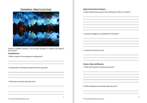 Poetry Study Worksheet - Oodgeroo, 'Reed Flute Cave' | Diving Bell Educatio