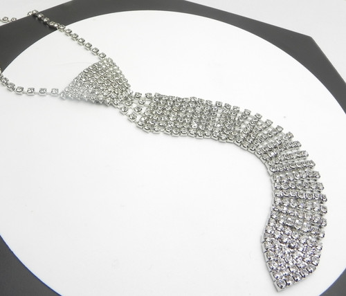Glamour Crystal Neck Tie Necklace Rhodium | realimpostersjewelry