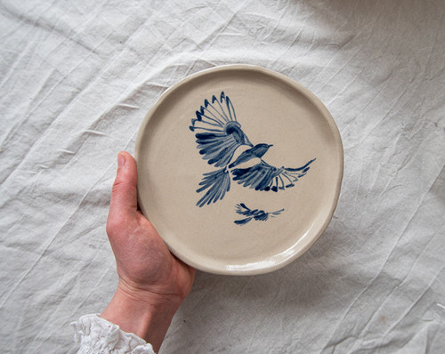 Magpie, handpainted cake plate | Crooked Garden