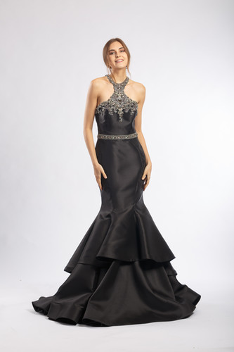 Black Tiered Embellished Halter Neck Mermaid Gown | Dreamdresses