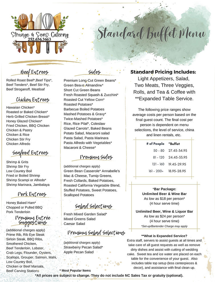 Standard Lunch or Dinner Buffet Menu | Strange and Sons