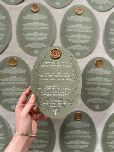 Personalised Oval Menus with Wax seals | Harris & Bloom