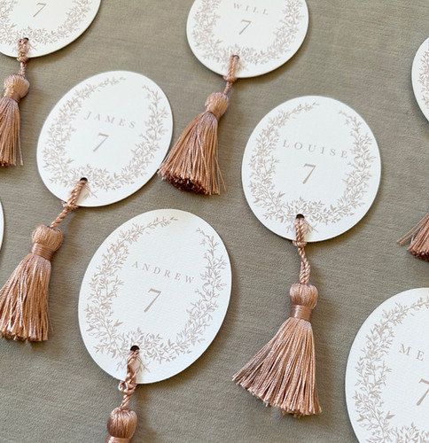 Bespoke Die cut Oval Name Cards With Tassel | Harris & Bloom