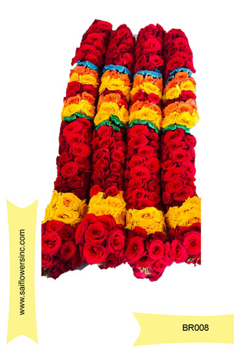 Red & Yellow Button Rose Open Mala with Green and Blue Ribbon | Sai ...