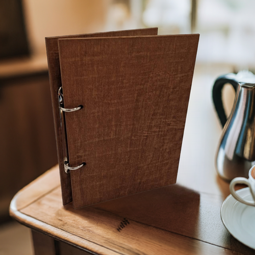 A5 Menu cover in dark oak holds multiple menus | MenuHolders.net