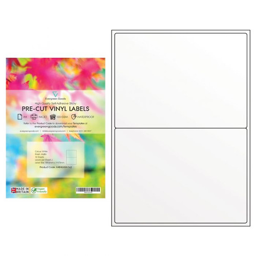 "Vinyl Rectangular Multi Precut A4 Labels Matte White (1x2, 2/A4)