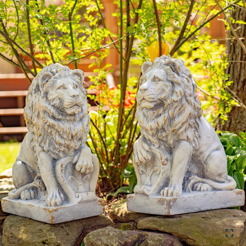 Antique Grey Lion Sentry Statues with Fleur-De-Lis | Zaer Ltd