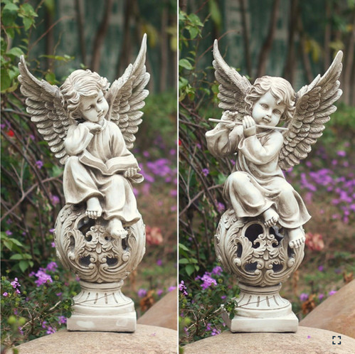 Cherubs Statues Reading and Playing the Flute on Ornate Pedestals ...