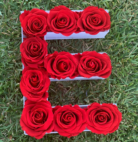 Caixa acrílico letra "E" com rosas cor especial | Rose Gold