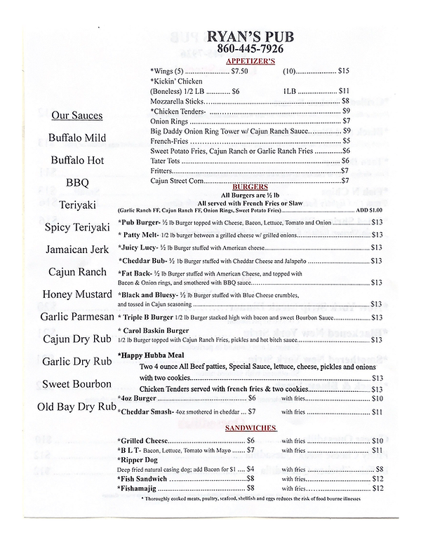 MENU | Ryan's Pub
