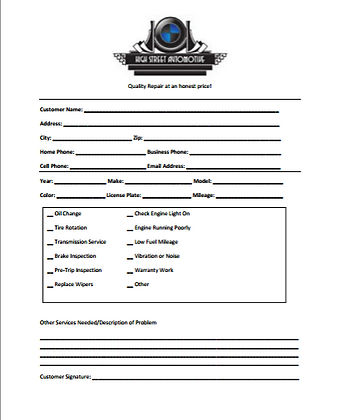 Car Repair Drop Off Form | Fremont, CA | High Street Automotive