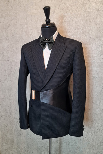 Black Double Breasted Check Jacquard Band Tuxedo Jacket | mochee-kent