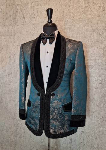 Hand Embroidered Green Teal Gold Marble Jacquard Jacket | mochee-kent