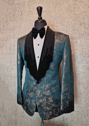 Hand Embroidered Green Teal Gold Marble Drip Jacquard Jacket | mochee-kent