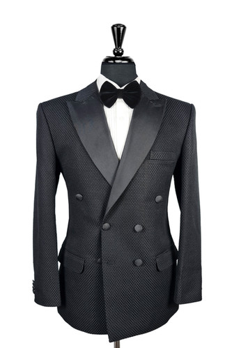 Black Double Breasted Check Jacquard Tuxedo Jacket | mochee-kent