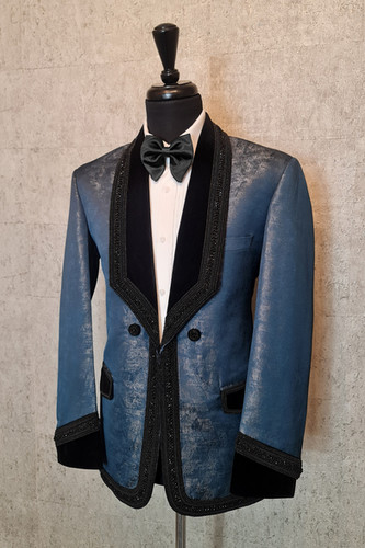 Hand Embroidered Blue Gold Marble Jacquard Jacket | mochee-kent