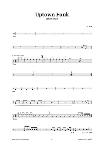 Uptown Funk - Bruno Mars | Free Drum Sheet Music