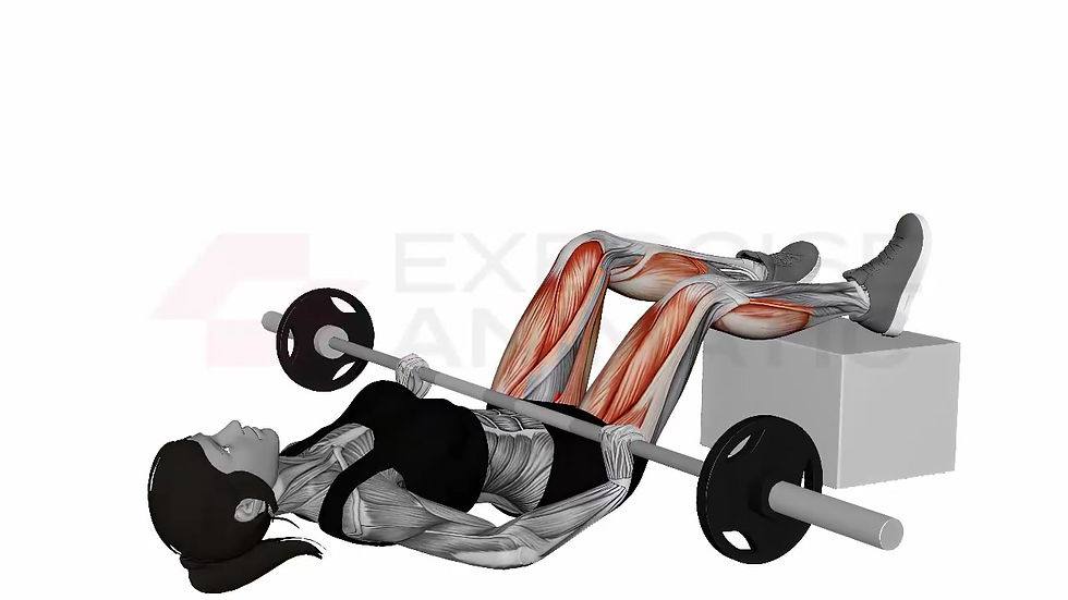 Barbell Feet Elevated Staggered Glute Bridge Female | Exercise Animatic