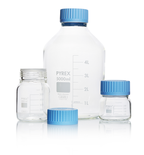 PYREX BOTTLE, MEDIA-LAB, WIDE MOUTH, WITH CAP AND POURING RING, CLEAR ...