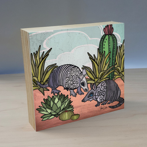 Armadillo & Cactus Wood Art Panel | shanniwelsh