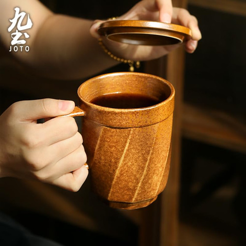 JOTO 460ml Ceramic Mug with Lid and Handle, Retro, Large Capacity ...