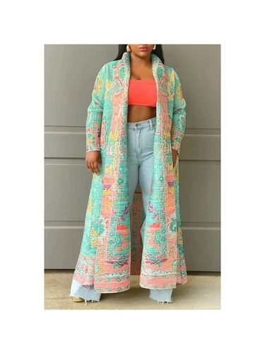 Free Size Open Front Floral Pleated Long Duster Jacket | TC Unlimited