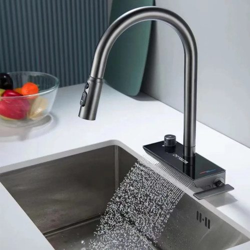 Gun Metal Kitchen Faucet, Waterfall Pull Out Spout | ATL Home Decore