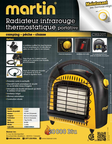 MARTIN CHS20T Chaufferette infrarouge thermostatique portative | Montagnard